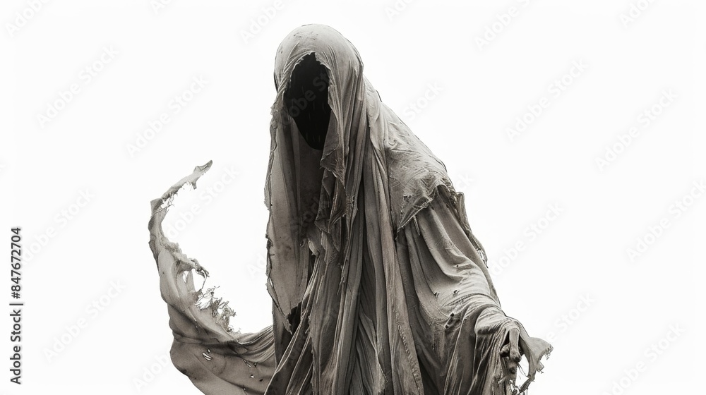 Grim Reaper on white background. Flying skeleton in a black torn robe ...