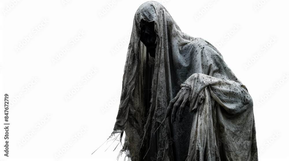 Grim Reaper on white background. Flying skeleton in a black torn robe ...