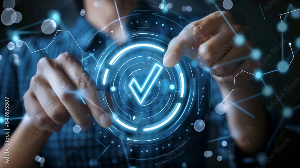 Businessman touching virtual quality excellence check mark icon to ...