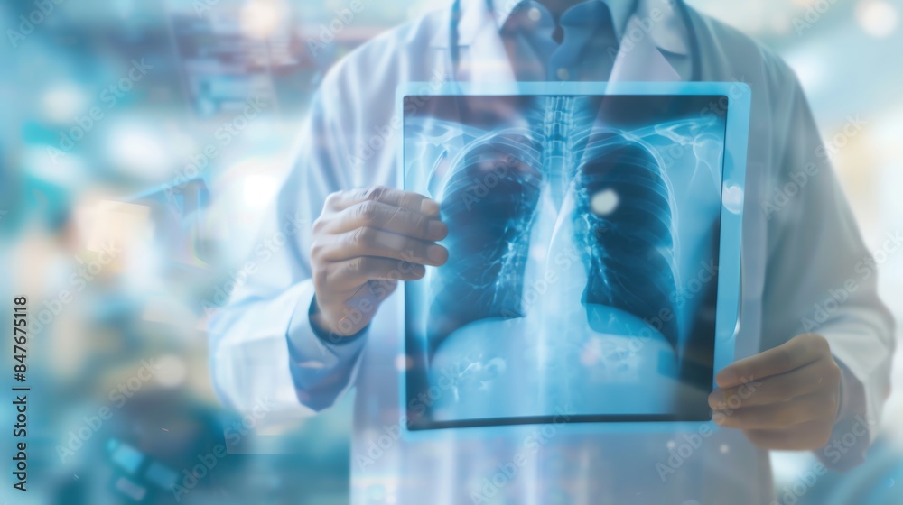 Wearing a white coat, a doctor holding a chest x-ray film or side view ...