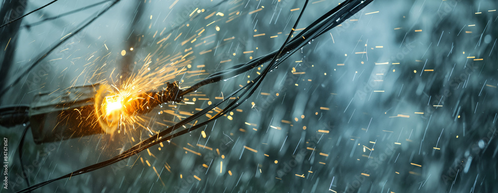 Electric power lines sparking in stormy weather. Natural disaster and ...