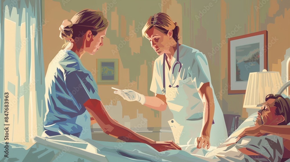 Nurse Administering Medication: At a patient's bedside, a nurse ...