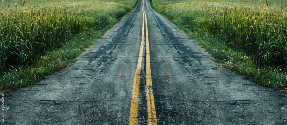 Desolate two-lane road split by grass strip with contrasting directions ...