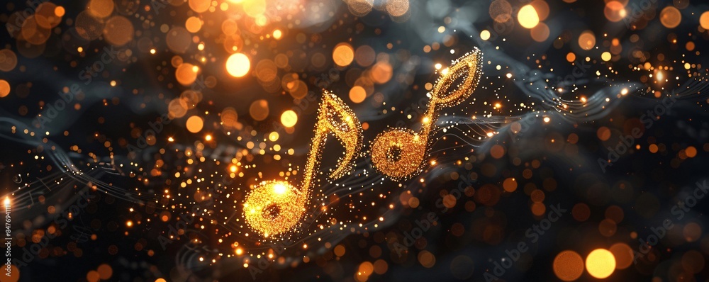 Abstract wave background with bokeh lights and golden music notes ...