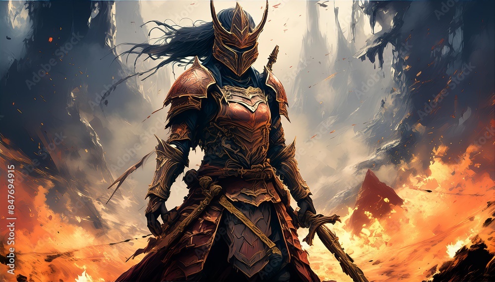 Epic fantasy theme, fiery battlefield background, a warrior in ...