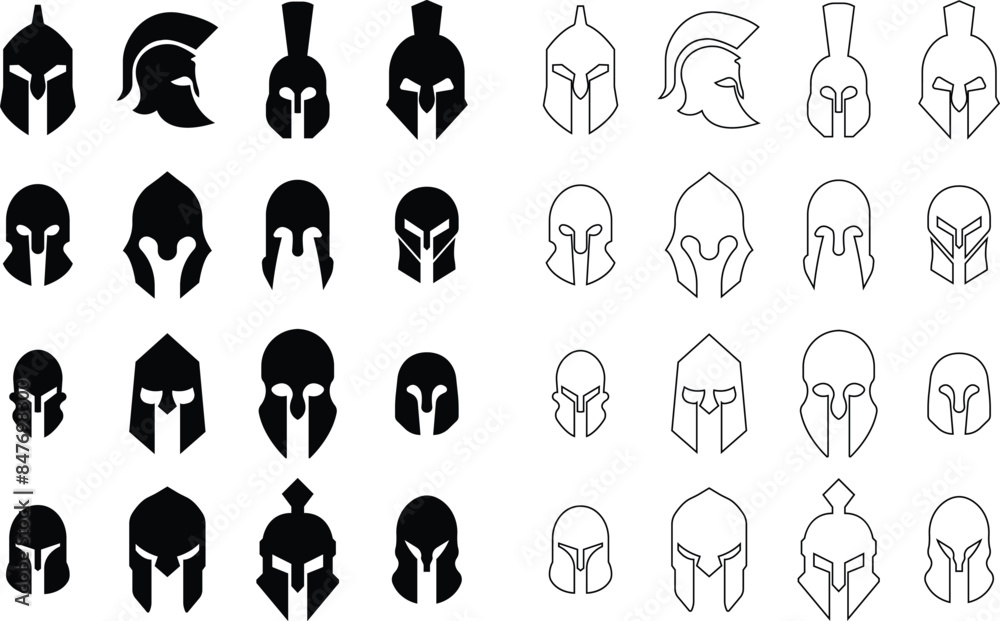 Spartan helmet icons Set in flat, line styles use for safety Greek ...
