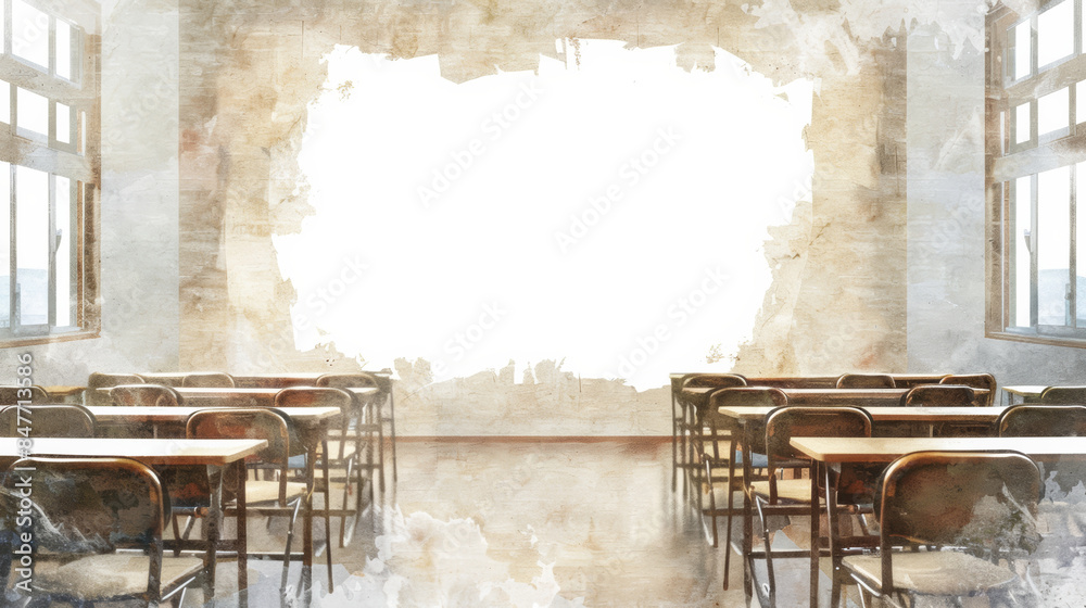School classroom with desks and chairs in neutral shades of beige and ...
