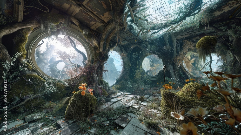 A post-apocalyptic indoor scene with overgrown plants and circular ...
