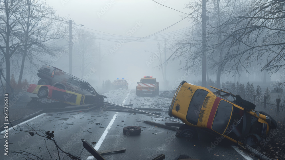 On a foggy road, multiple crashed vehicles and emergency responders ...