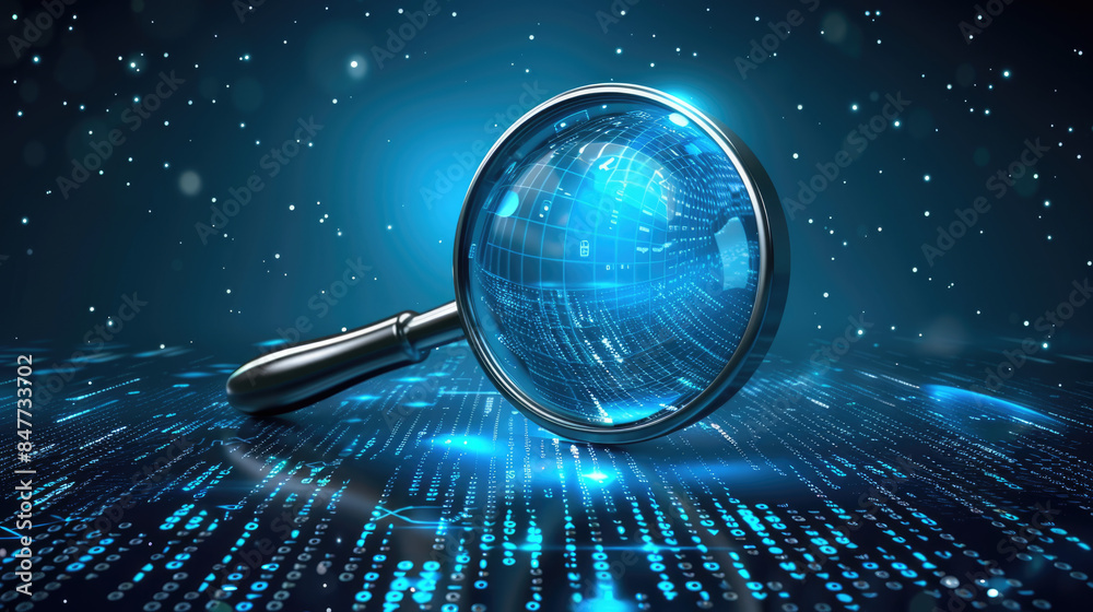 Data analysis concept with magnifying glass, digital data search ...