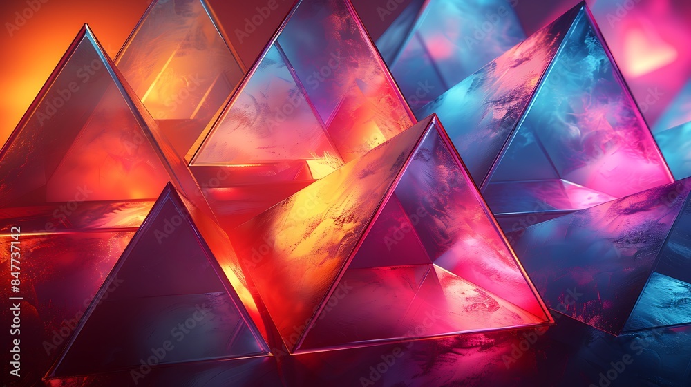 An abstract background with triangular prisms casting colored shadows ...