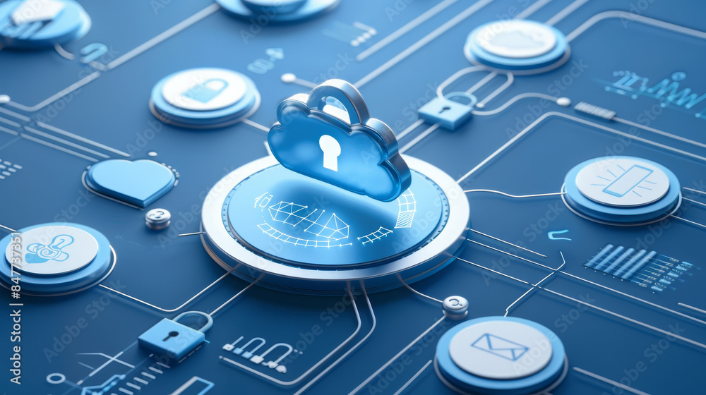 Digital graphic of cloud data security, showcasing protection layers like digital locks and ...