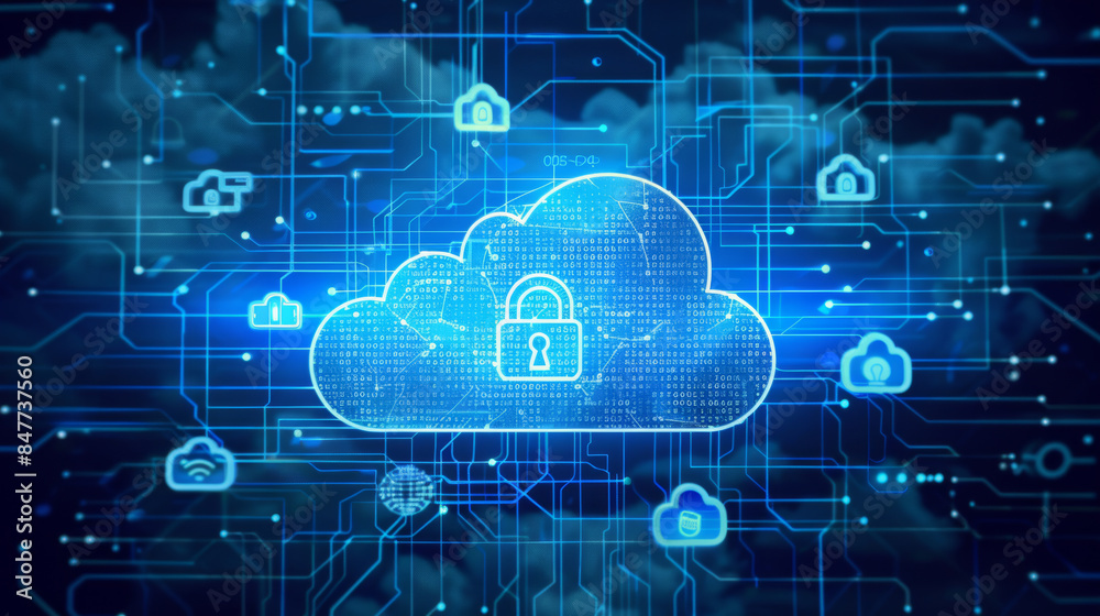 Digital graphic of cloud data security, showcasing protection layers like digital locks and ...