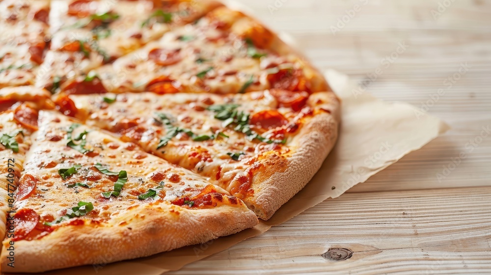 Delicious pepperoni pizza sliced and ready to serve, placed on a rustic ...