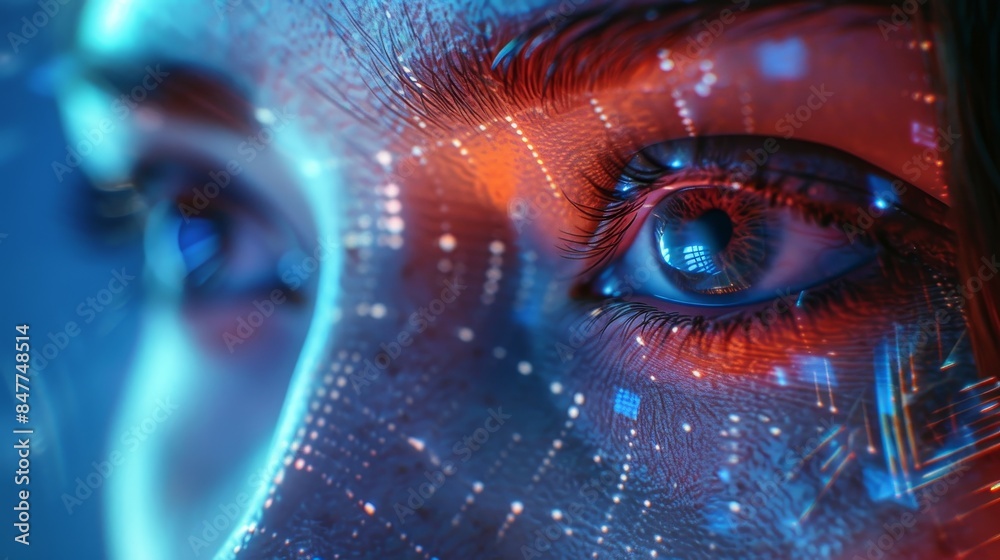 An image showing a person's eye close-up, with an overlay of biometric ...