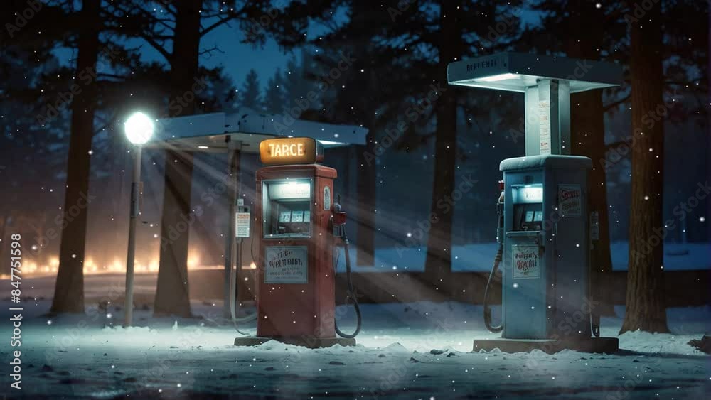 A snowy gas station at night with two gas pumps in the foreground and a ...
