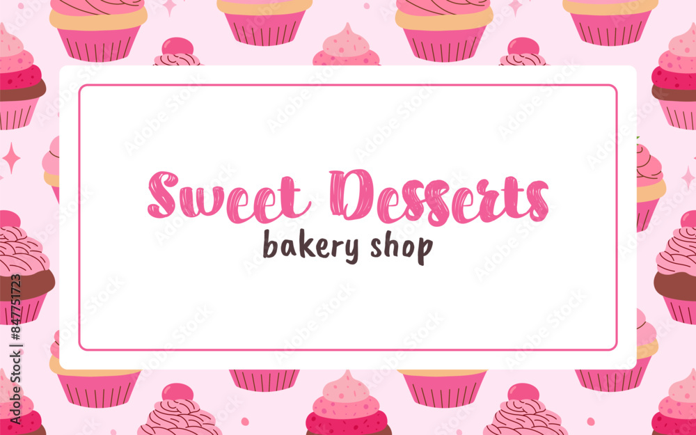 pink cupcakes frame, horizontal border with sweets, desserts, bakery ...