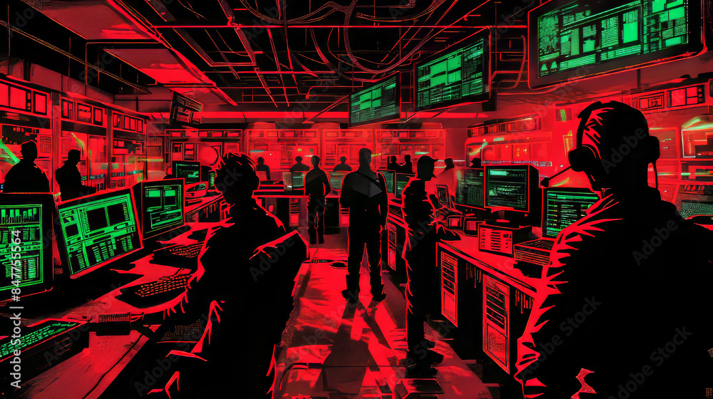 Dramatic digital artwork of a computer control center under a hacker ...