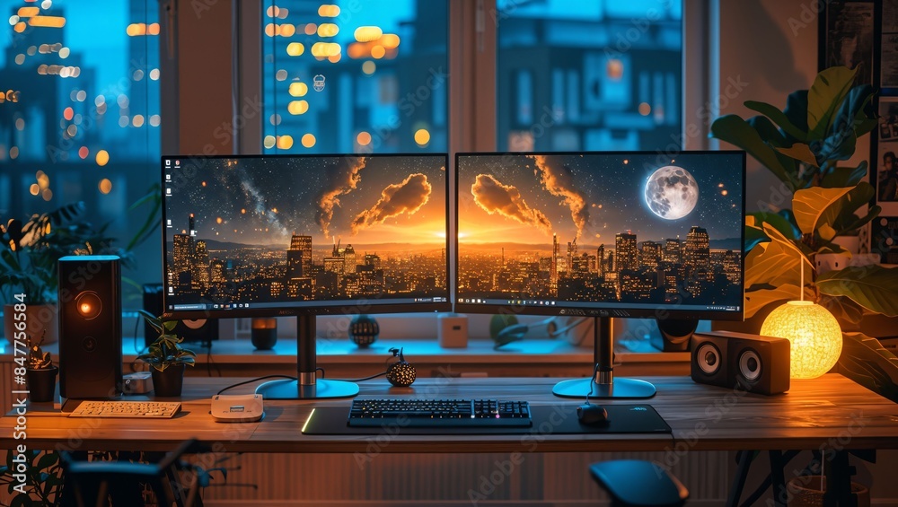 Dual-monitor setup with productivity tools, sleek keyboard, and mouse ...