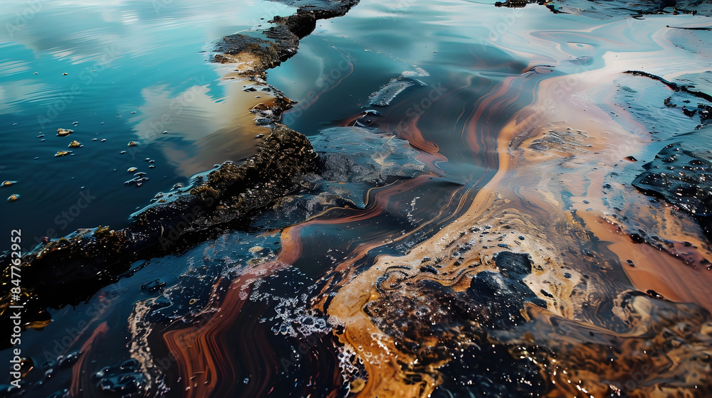 Oil petrol water pollution. Ecological disaster. Slick industry oil ...