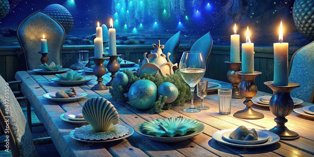 Marine themed dining table set with seashell centerpiece and nautical ...