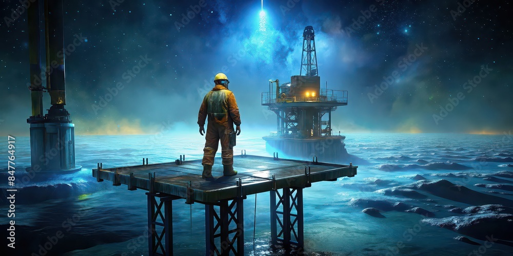 Lonely oil rig worker on platform in the middle of the ocean, with ...