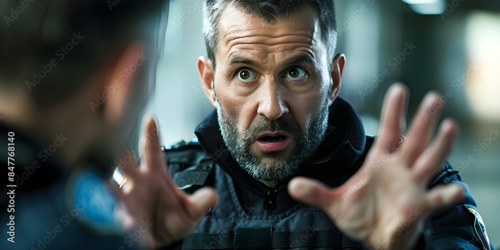 Suspect making gestures during intense police interrogation. Concept ...