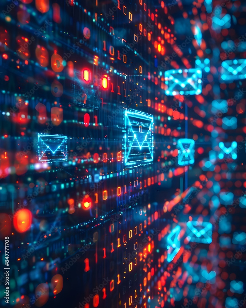 Digital background featuring the symbol of an email surrounded by binary code and data streams ...