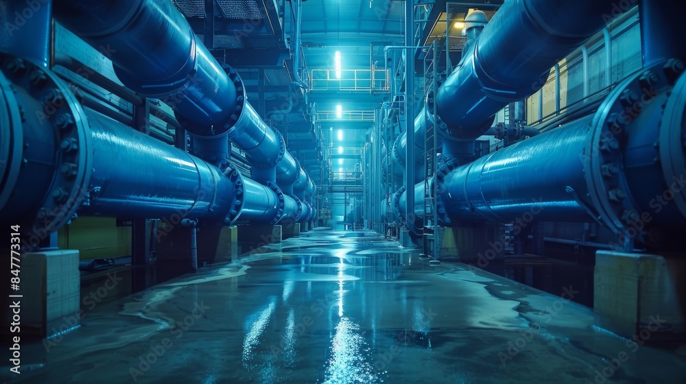 Complex Blue Water Pipes System in Modern Industrial Power Plant ...