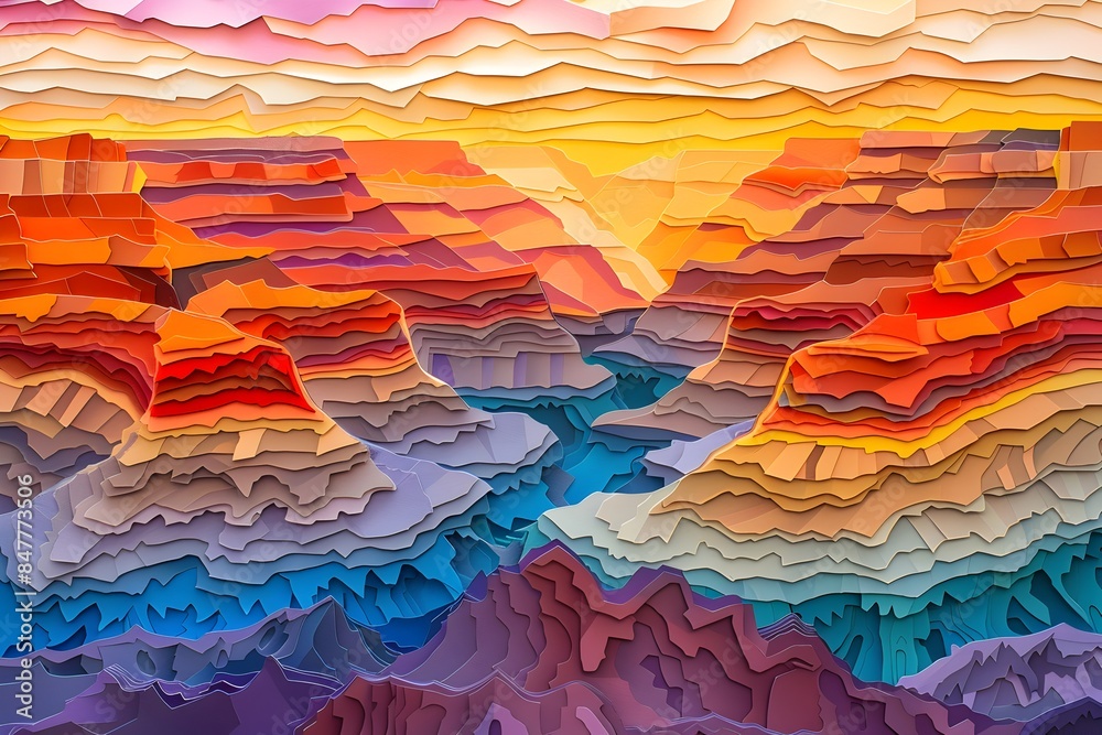 A layered paper art style depiction of the Grand Canyon, with each ...