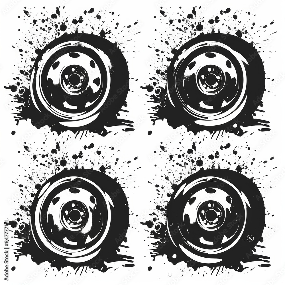 Car wheels icon, tire silhouettes, graffiti spray rim symbol, auto ...