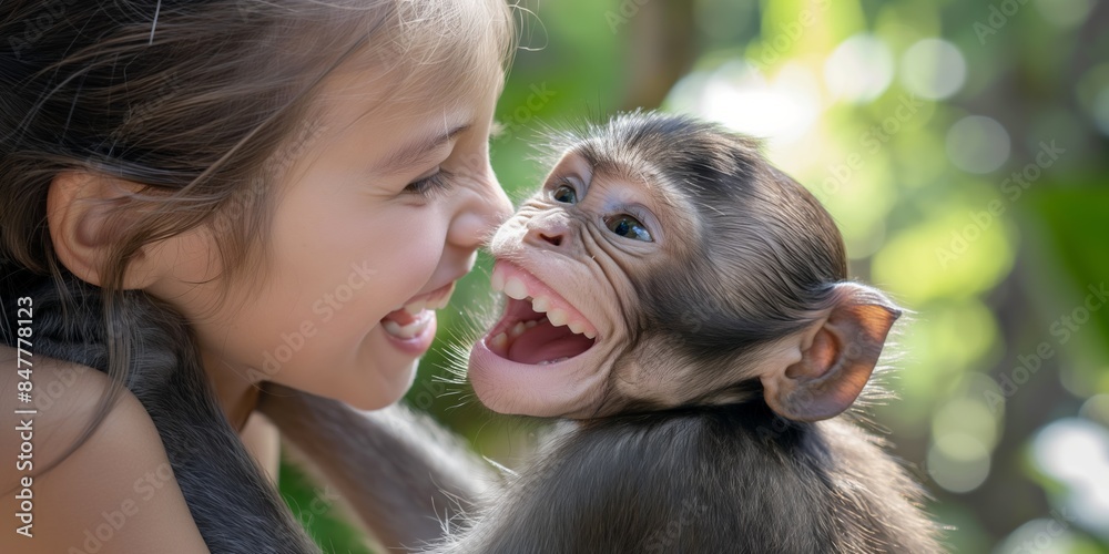 Excited kid holding a monkey amidst lush rainforest greenery ...