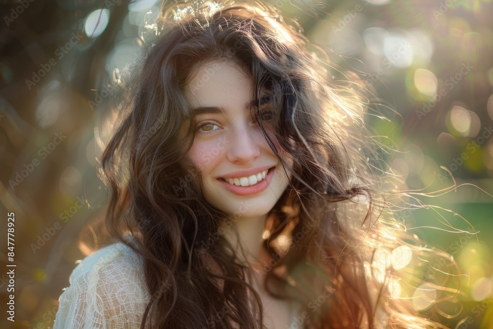 woman long wavy thick hair, dark brown hair, middle parted hair, brown ...