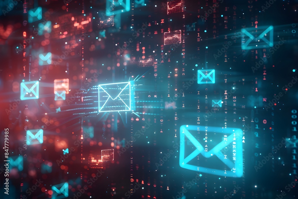 Digital background featuring the symbol of an email surrounded by binary code and data streams ...