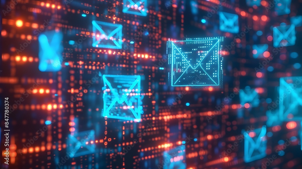 Digital background featuring the symbol of an email surrounded by binary code and data streams ...