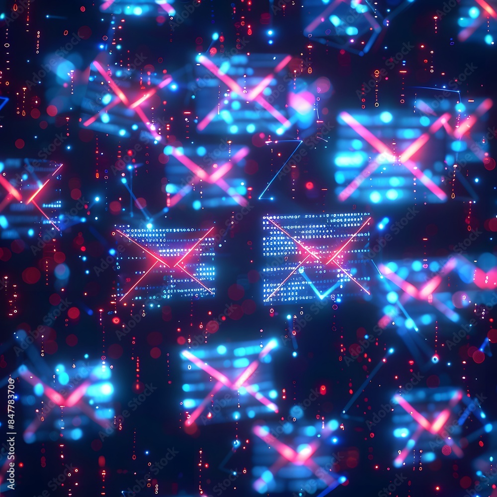 Digital background featuring the symbol of an email surrounded by binary code and data streams ...