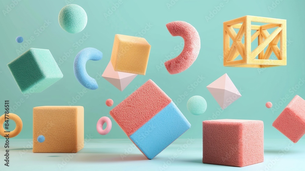 Sponge textured geometric shapes floating 3d rendering image. Soft ...
