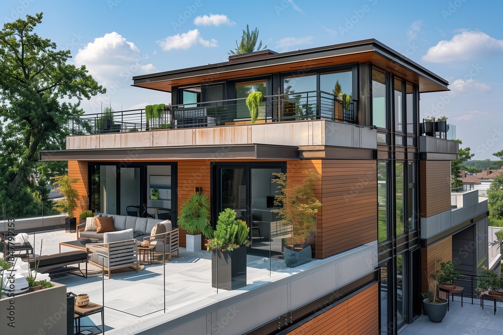 /imagine A modern suburban house with a mix of wood and metal cladding ...