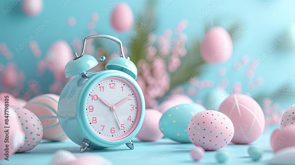 3D rendering of an Easter alarm clock on a pastel background with eggs ...