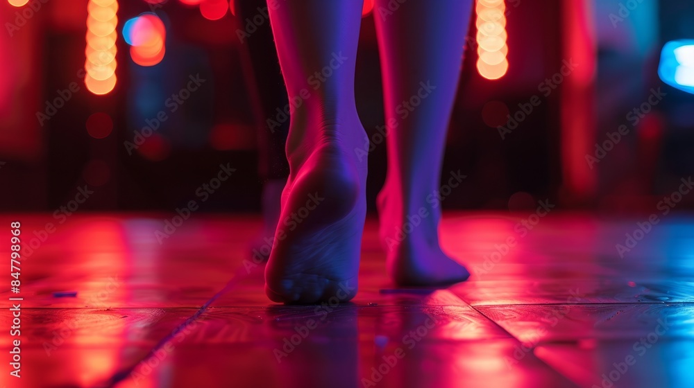 A Closeup Photo Of A Female Dancers Bare Feet As She Dances On A Stage Lit With Red And Blue
