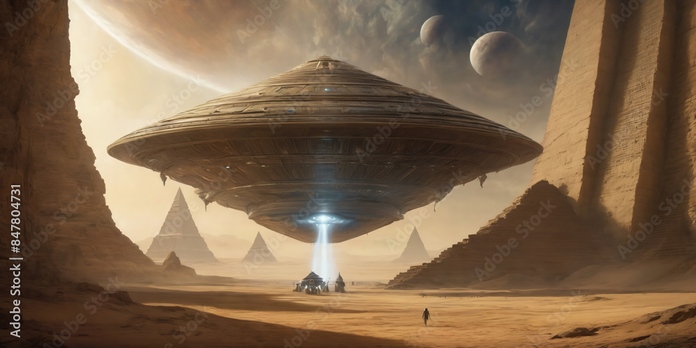 Alien spaceship on desert planet with pyramid in Background. Extremely ...