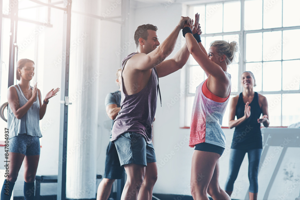 Victory, gym and team with high five, fitness and clapping for success ...