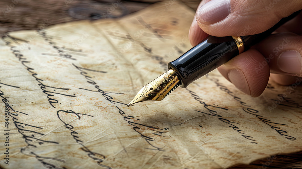 Fountain pen on an antique handwritten letter. Vintage nib pen and ...