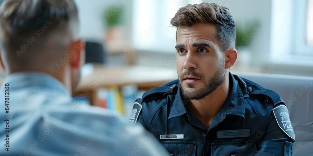 Blurry background with policeman interrogating suspect man for truth ...