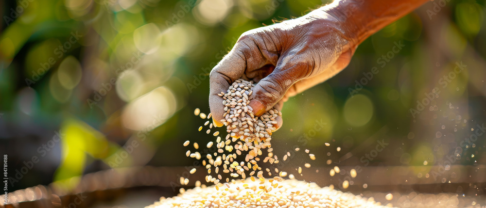 Hand pouring grains of wheat, captured mid-air, highlighting the golden ...