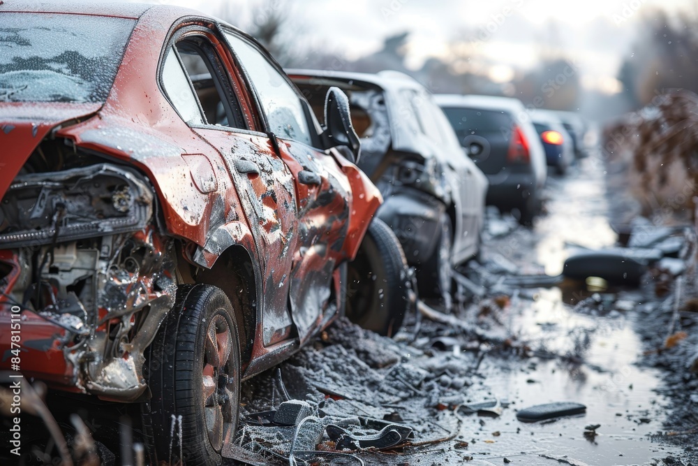 The side profile of a car shows severe damage and open doors after a ...