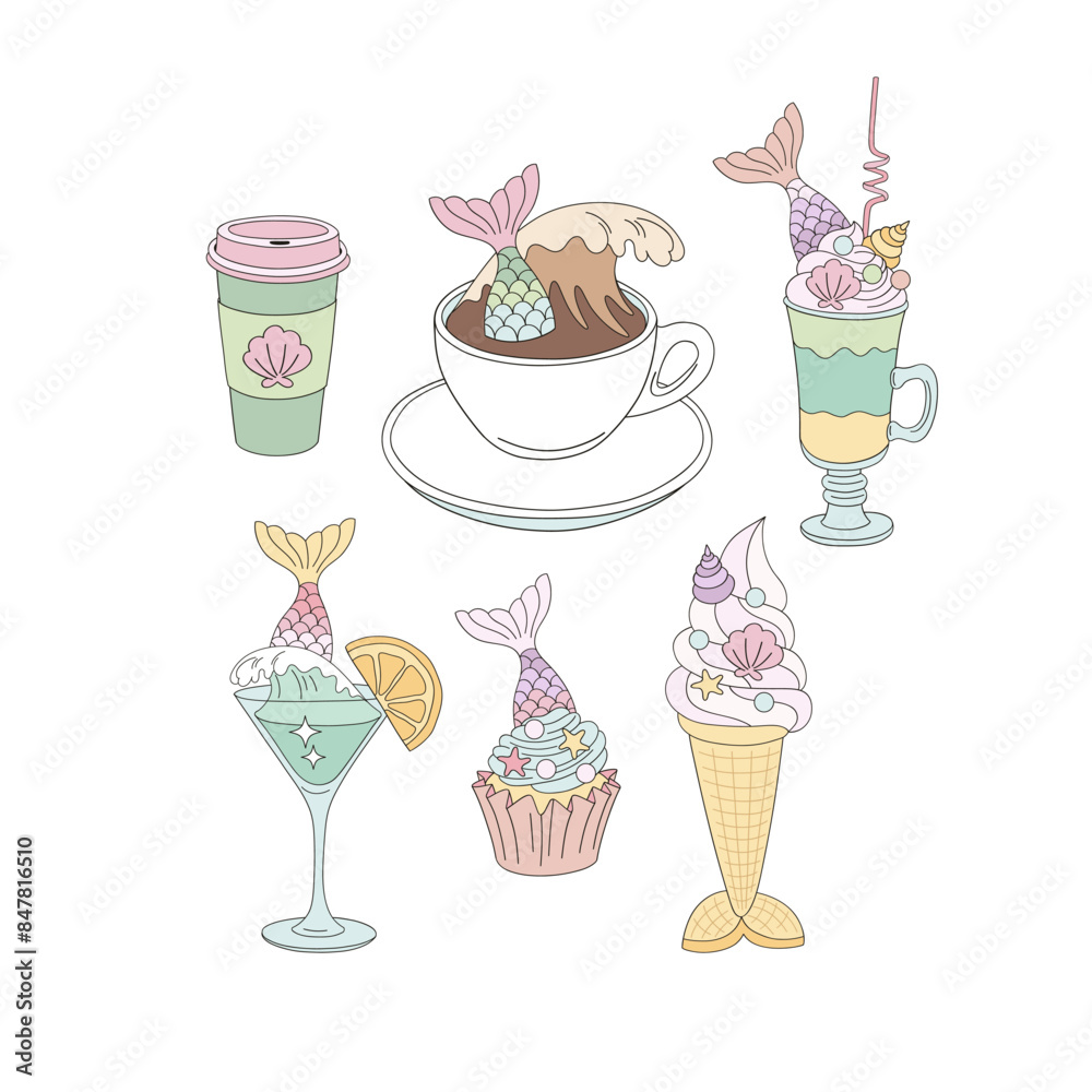 Groovy Mermaid Coffee Cocktail Ice cream Cupcake vector clip-art set ...