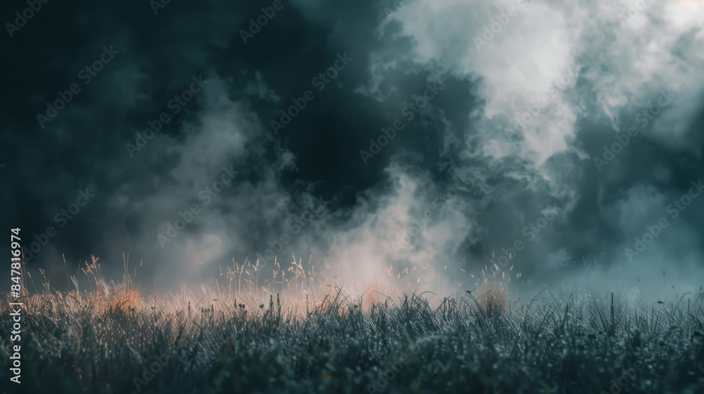 Grass with a mystical overlay with fog and mist effects, creating an eerie, atmospheric scene ...