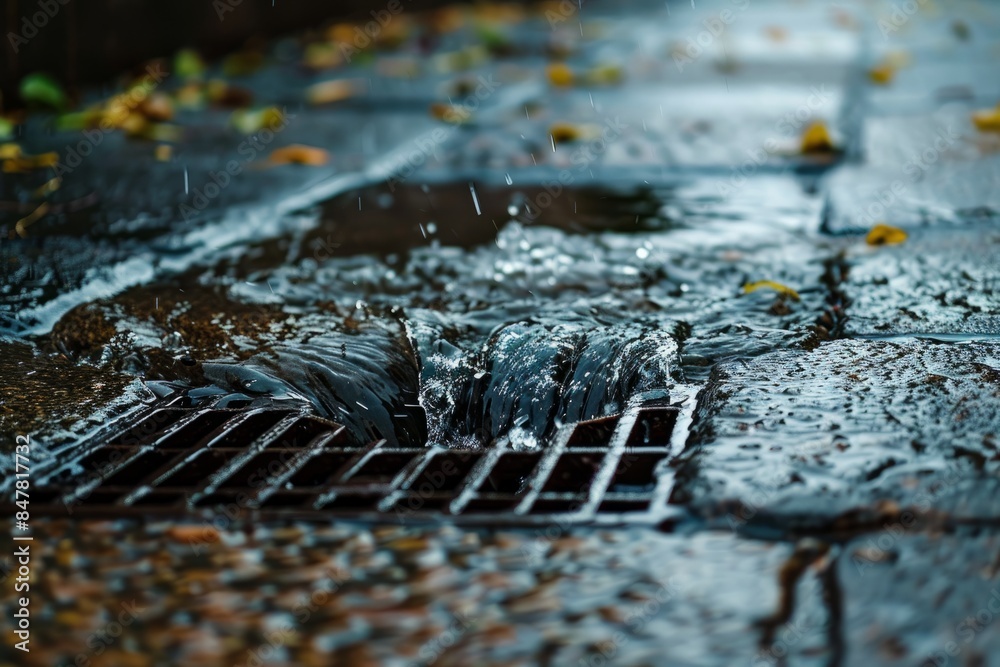 A close-up view of a street drain overflowing with rainwater during a ...