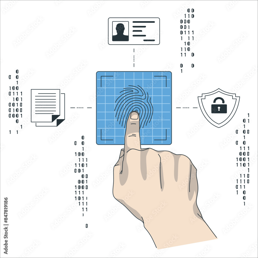 Vetor de Fingerprint scan provides security access with biometrics identification, person ...